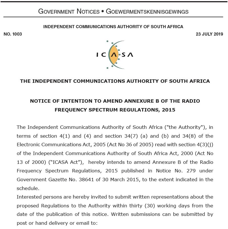 South Africa's ICASA published a notice to make amendments to the 2015 ...